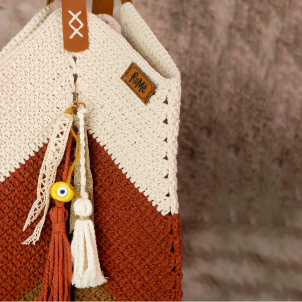 Kiremit Rengi 3 Renk El Örgüsü Modern Lale Çanta - Omuz Çantası - Miamano