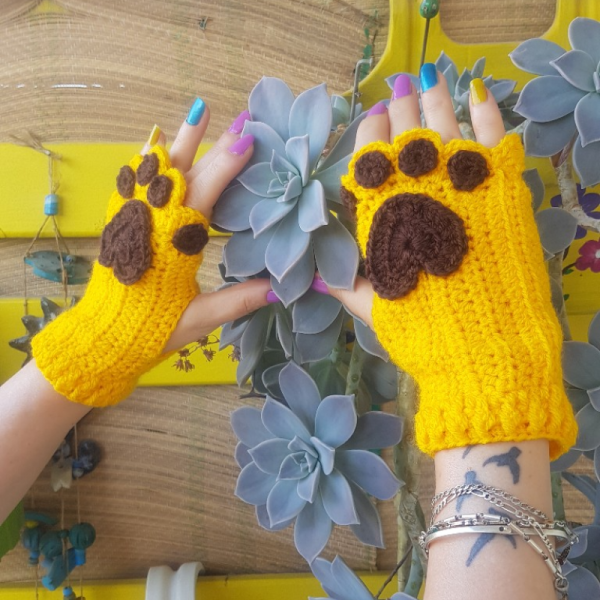 Kedi Patili Sarı El Örgüsü Eldiven - Eldiven - Miamano