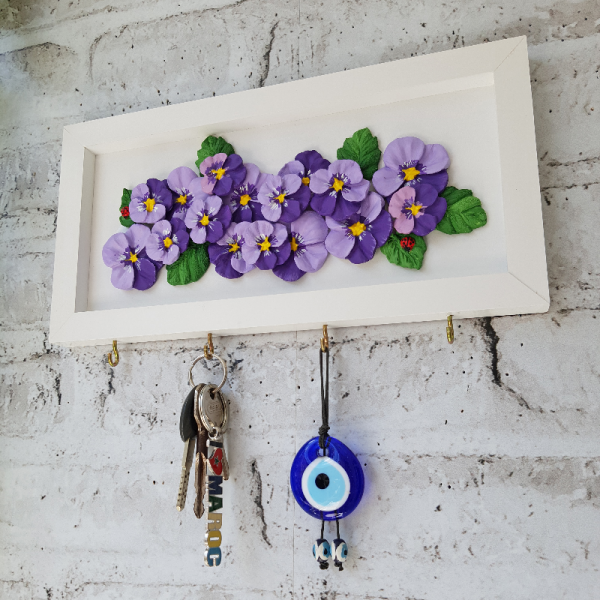 Mor Menekşeler Ahşap Anahtar Askılık - Askılık - Miamano